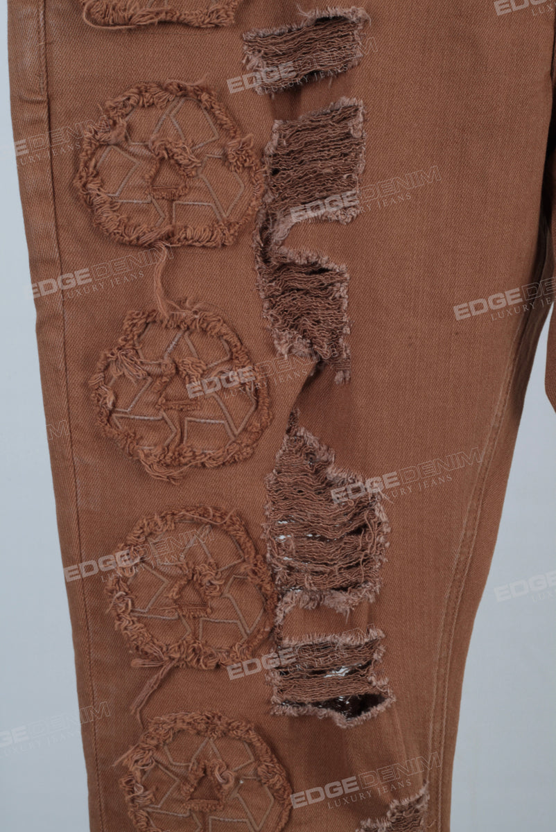 Coffee patchwork damaged bell bottom jeans – edgedenim