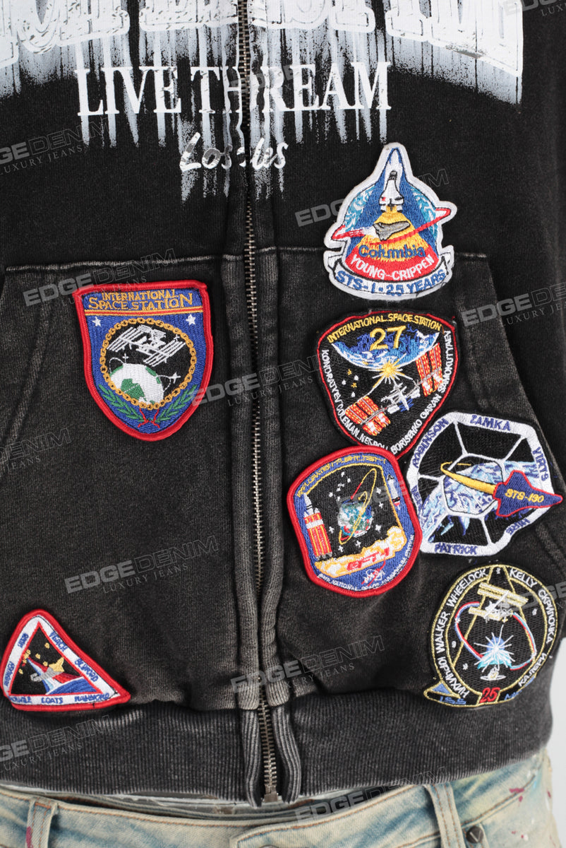 Black digital print patchwork jacket – edgedenim