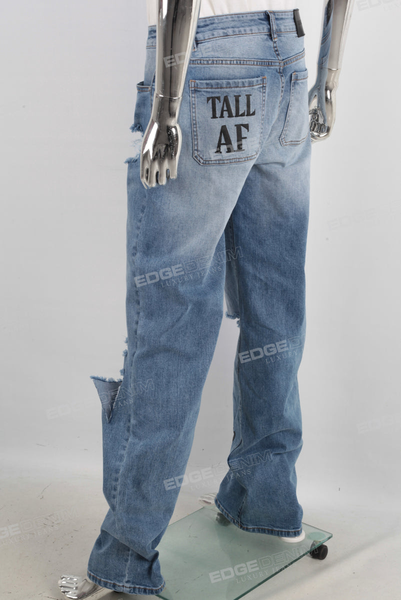 Blue straight damage digital print jeans – edgedenim