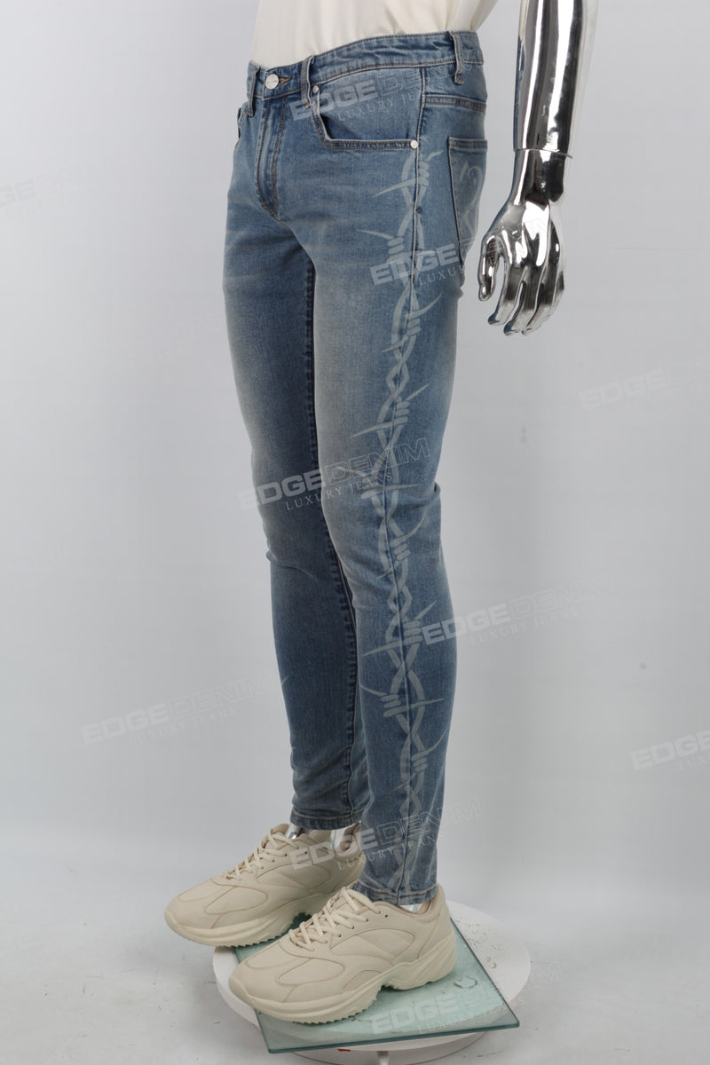 Blue side thorn laser print Mans Jeans Skinny – edgedenim