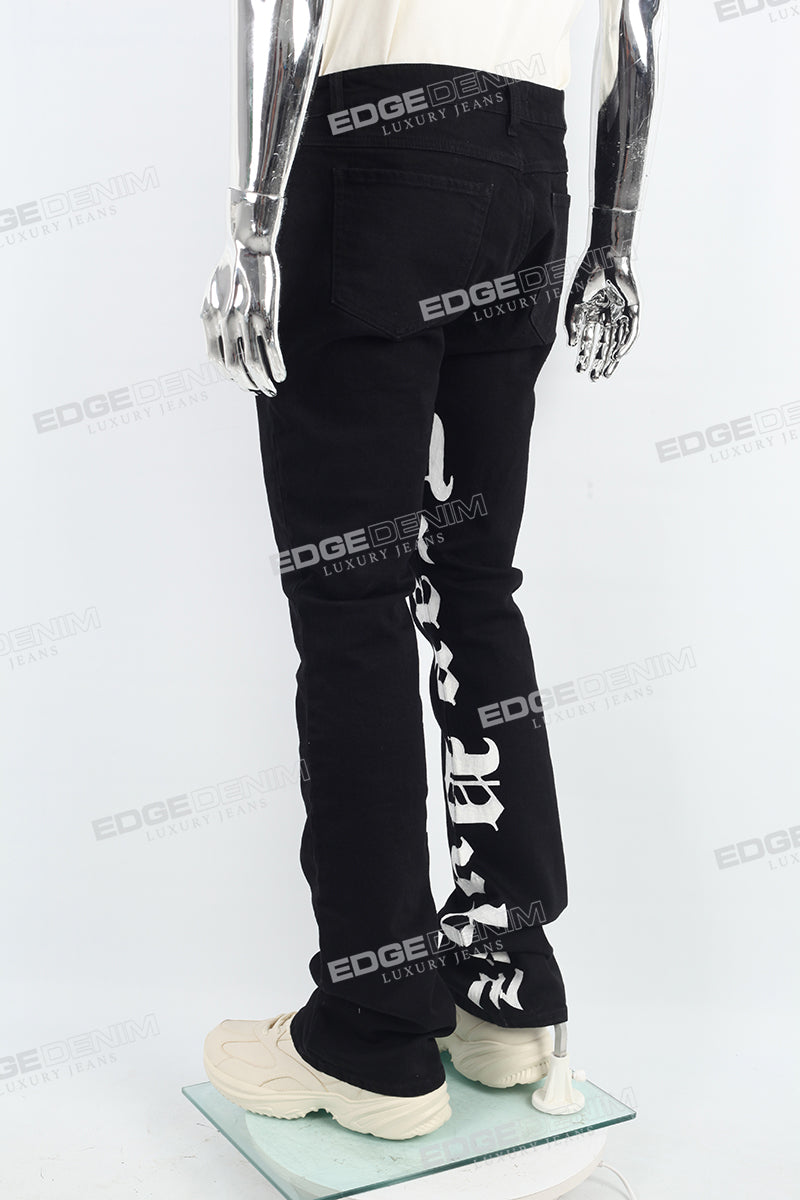 Black Alpha Gothic Logo Print Mans Stack Jeans – edgedenim