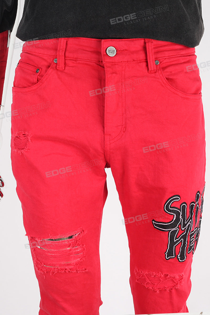 Stacked Ripped Jeans with Embroidery Patch- Red – edgedenim